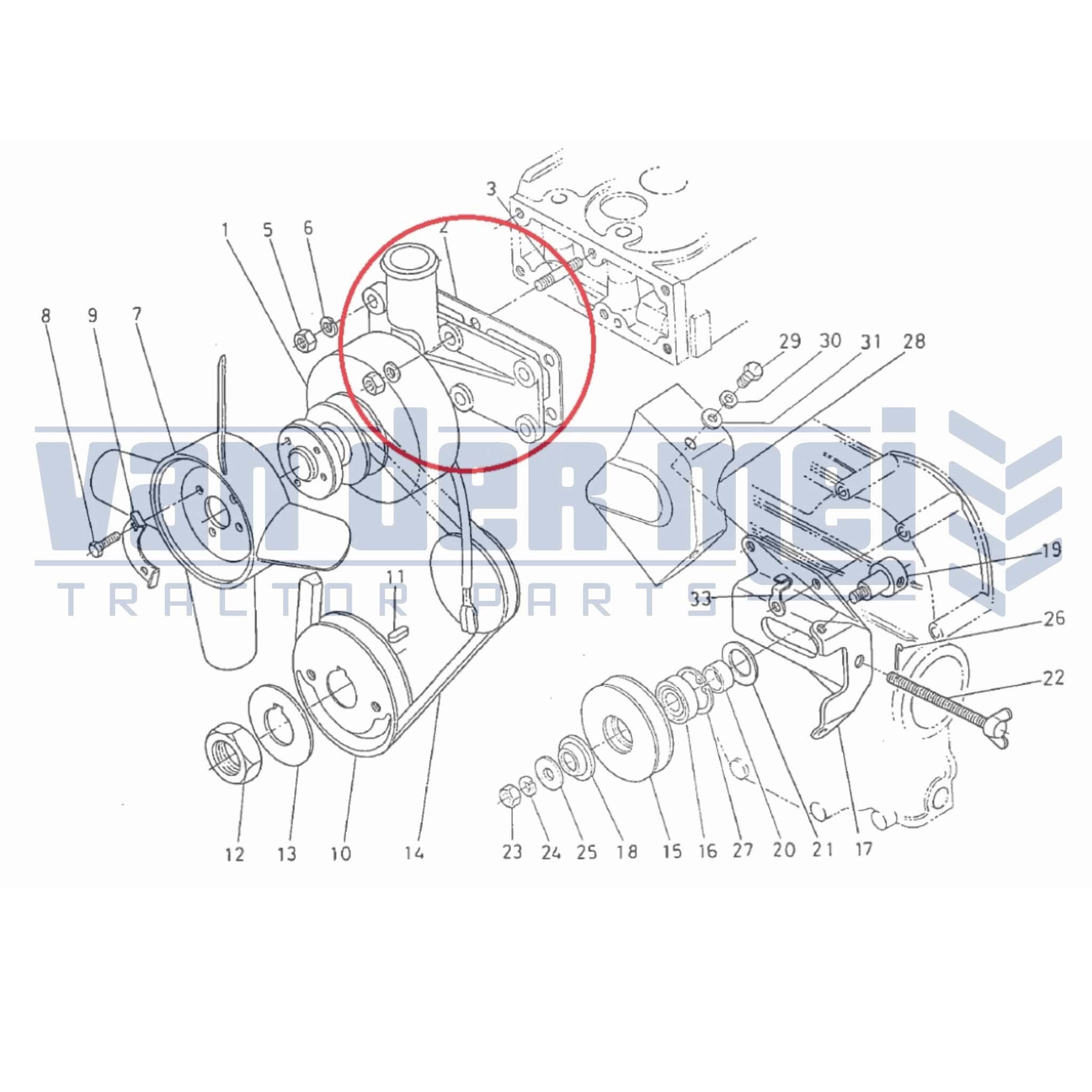 Dynamosteun (watergeleider, koelwaterhuis) Kubota B7000 (revisieset) | Mini-Tractor onderdelen ...